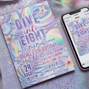 8th Birthday Pool Party Invitation: Dive Into Eight Swim, 5x7 4x6 ...