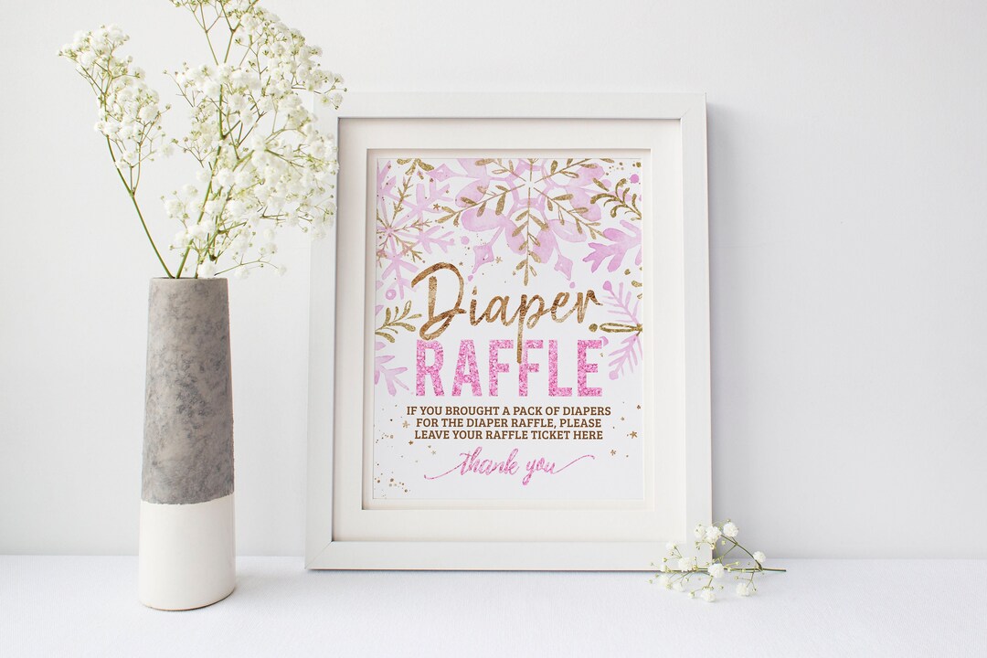 Diaper Raffle Sign - 8x10 Pink Gold Snowflake Winter Girl Baby Shower ...