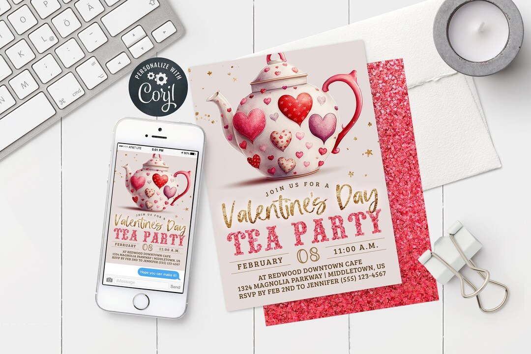 Valentine's Day Tea Party Invitation Teapot Galentines Day Digital ...