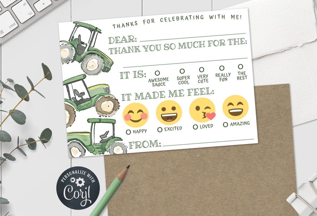 Tractor Birthday Kids Thank You Note - Boy Farm Tractors Emotions ...