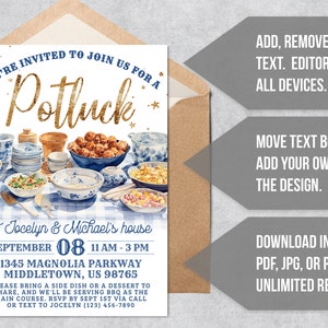 Potluck Invitation: Blue Pot Luck Picnic, Digital 5x7 4x6 Editable ...