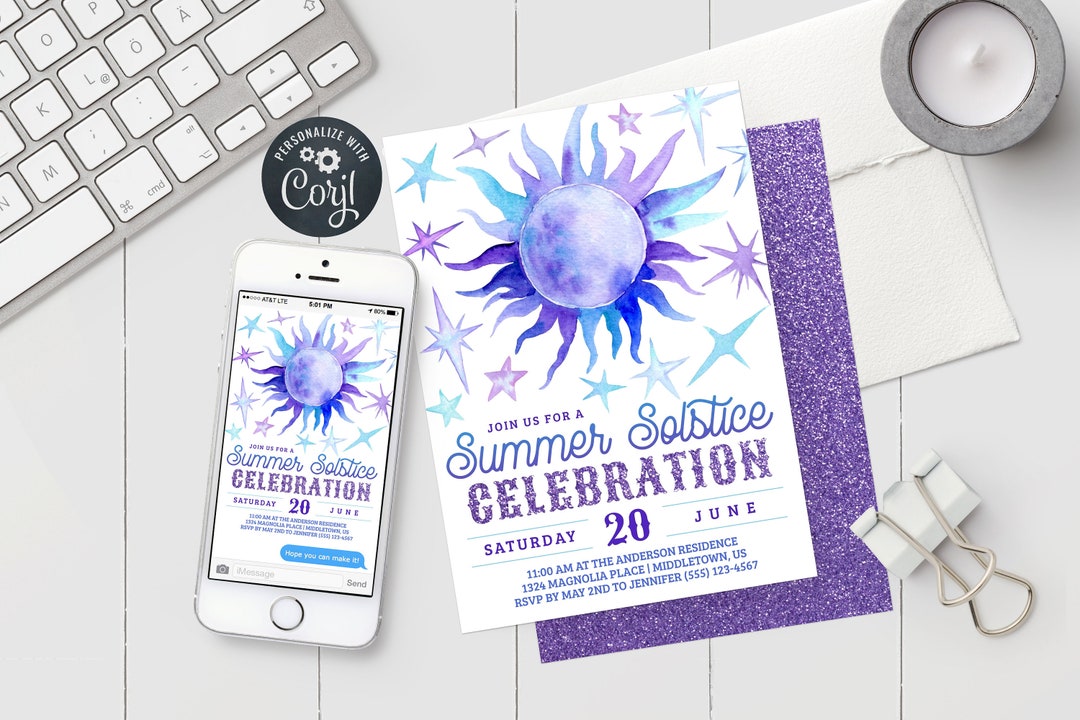 Summer Solstice Invitation - Blue Sun Solstice Party Invitation ...