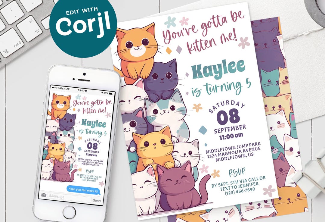 Kawaii Cats Birthday Invitation - Cute Kittens Girl Kids Bday Digital ...