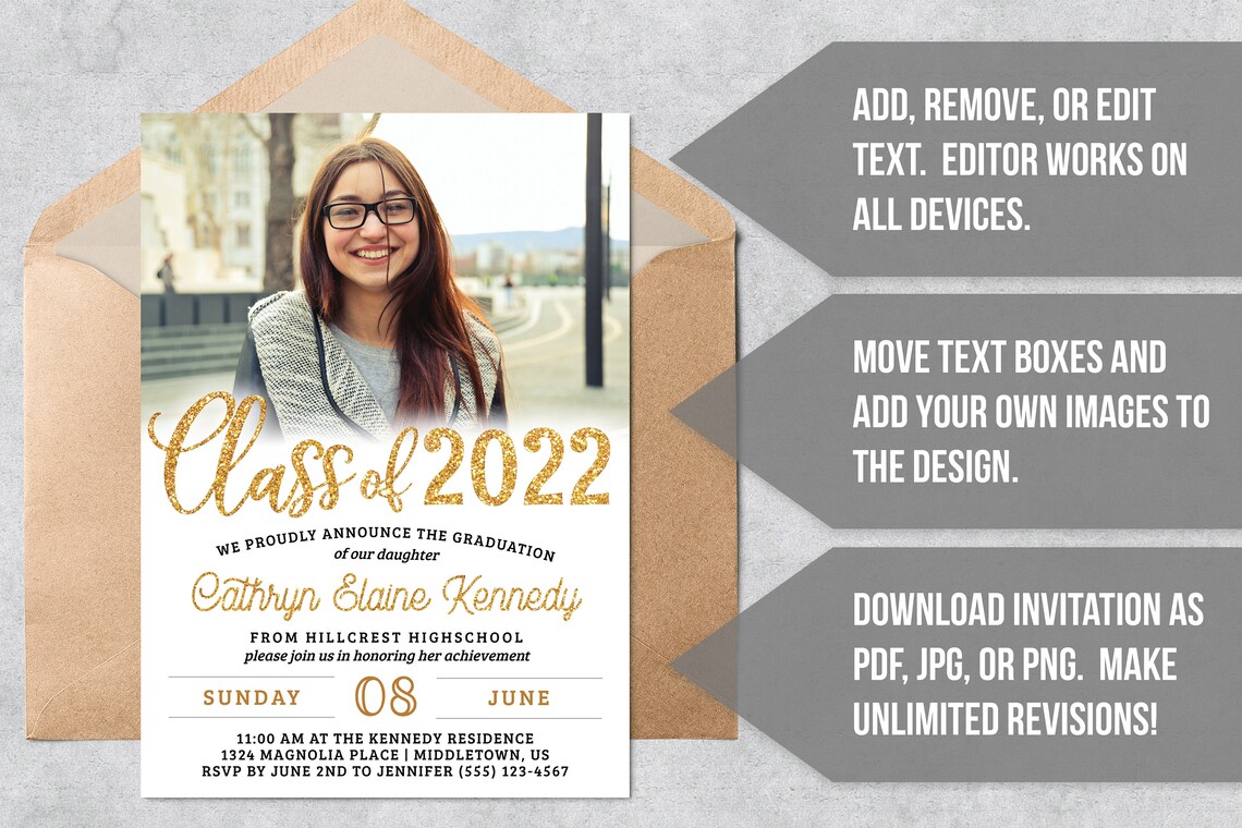 Photo Graduation Party Invitation Class of 2022 Gold School - Etsy