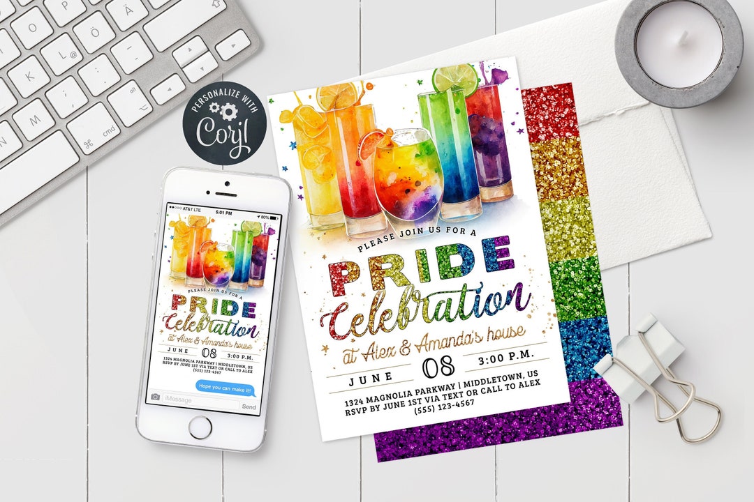 Pride Invitation - Rainbow Drinks LGBTQ Pride Celebration Party Digital ...