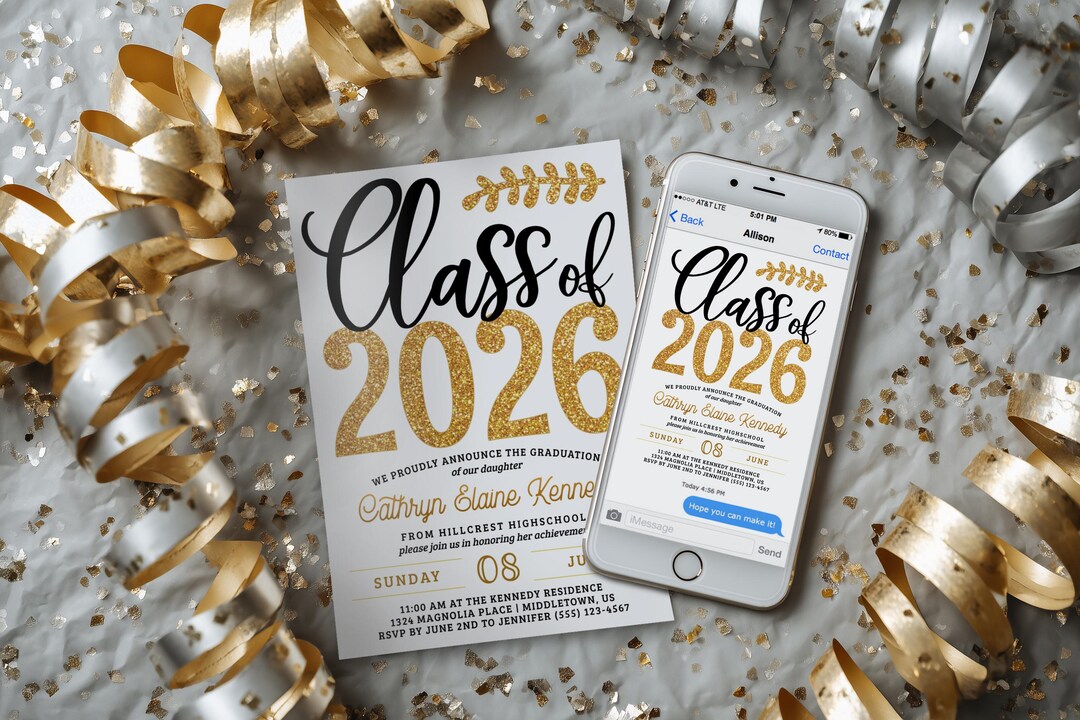 Gold Graduation Invitation: Class of 2026 Grad Party, 5x7 4x6 Editable ...