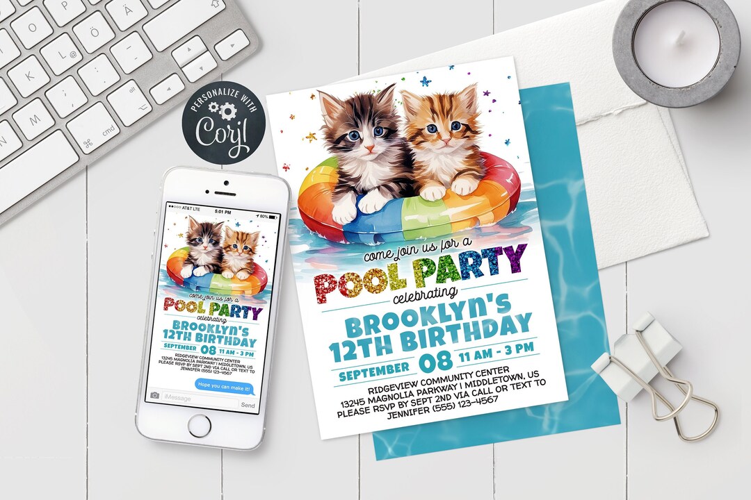 Cat Pool Party Birthday Invitation, Digital Invite 5x7 & 4x6 Editable ...