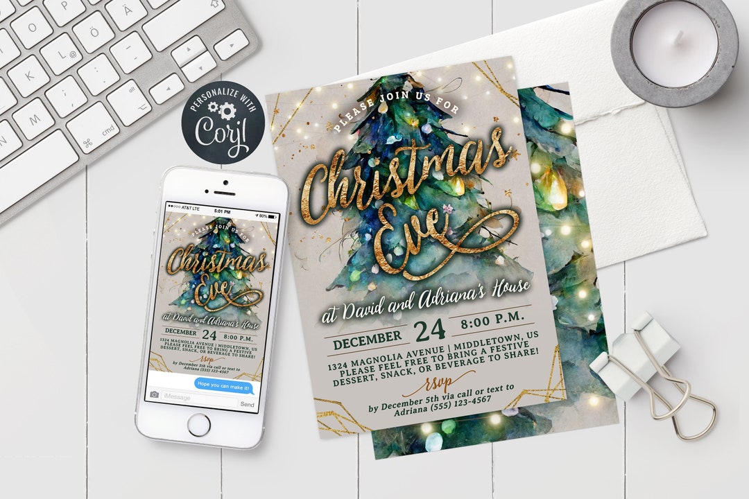 Christmas Eve Invitation Tree Lights Boho Gold Watercolor Trendy ...