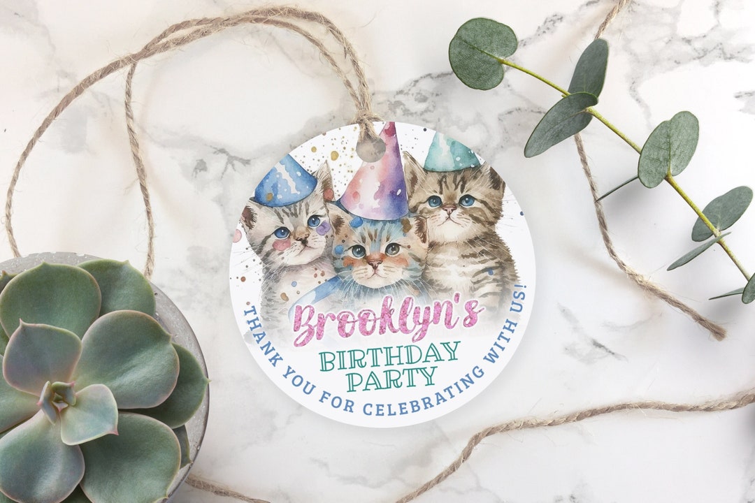 Birthday Cats Round Tag Template - Kittens Name Editable Favor Tags or ...