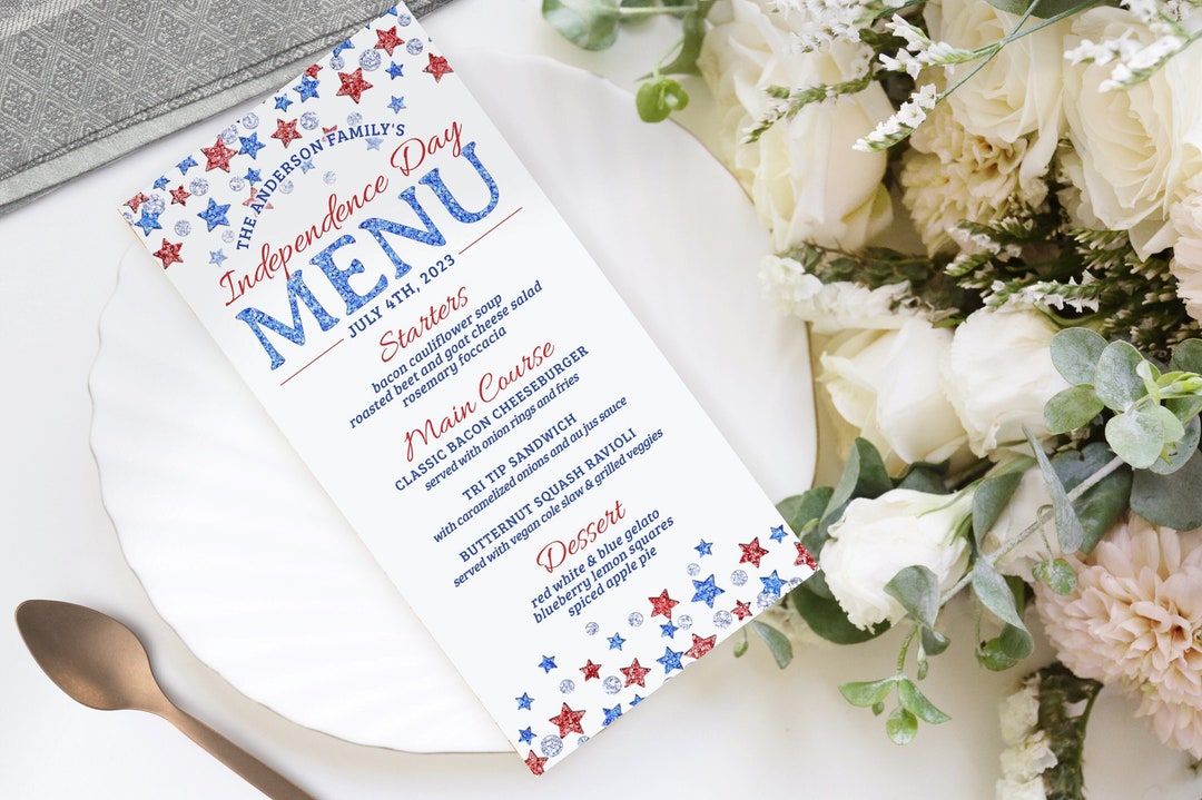 Patriotic July 4th Menu, Printable Editable Menu Template 4x8" & 3.74x8 ...