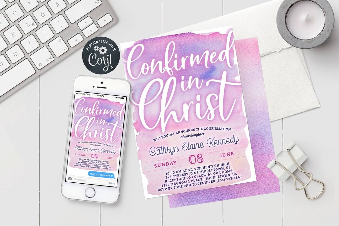 Confirmation Invitation - Pink Watercolor Girl Confirmation Digital ...