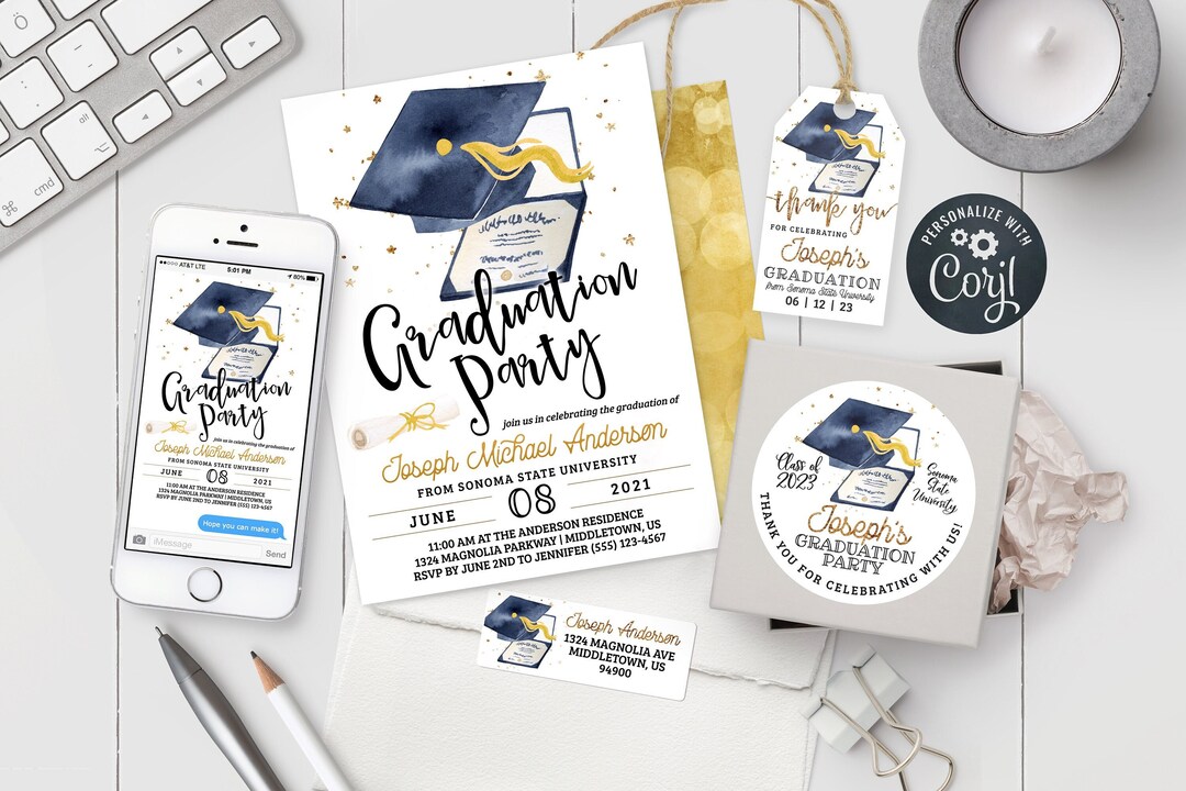 Graduation Party Printable Set Navy Gold Grad Cap 5x7 & 4x6 Digital ...