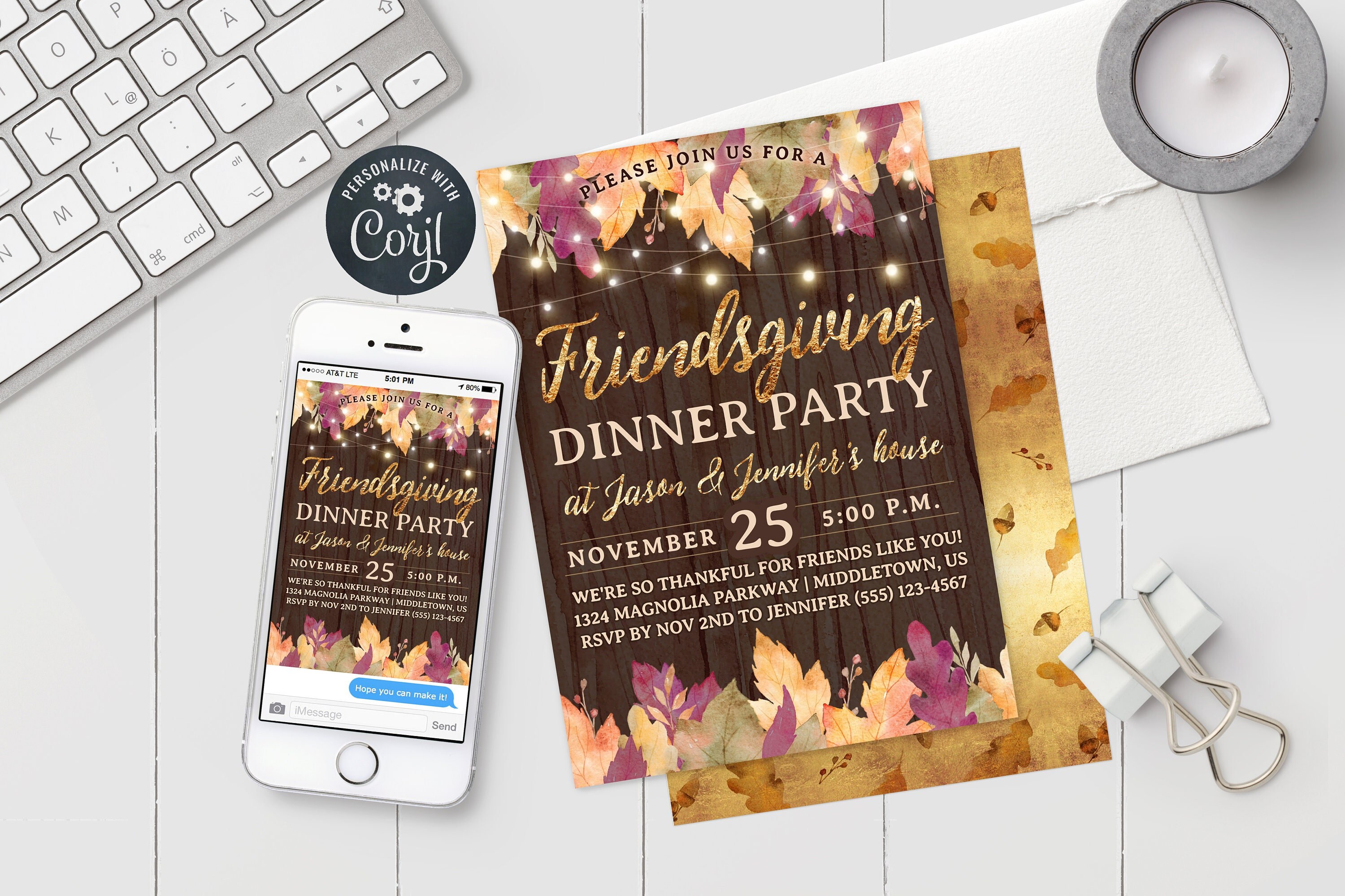 Friendsgiving Dinner Party Invitation Boho Gold Leaves - Etsy