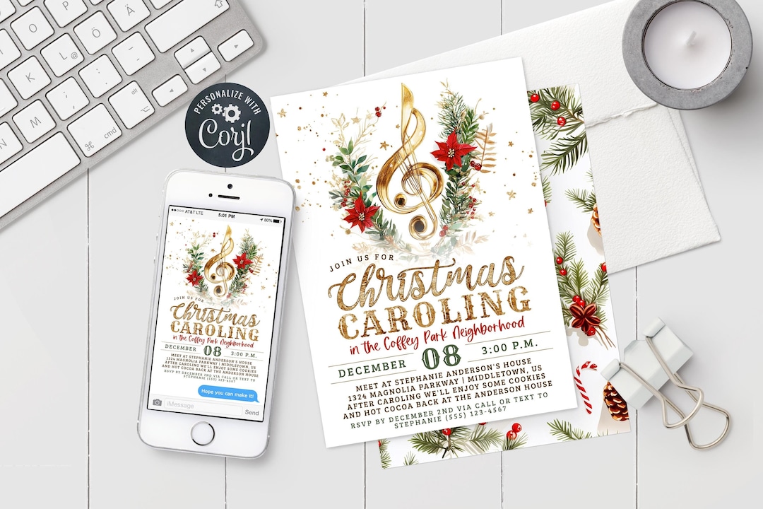 Christmas Caroling Invitation: Holiday Choir Music Treble Clef, Digital ...