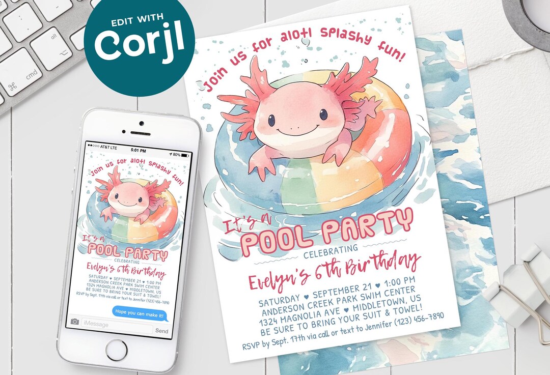 Axolotl Pool Party Birthday Invitation, Digital 5x7 4x6 Printable ...