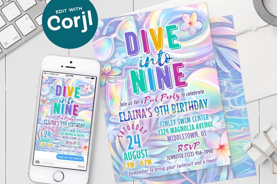 9th Birthday Pool Party Invitation: Dive Into Nine Swim, 5x7 4x6 ...