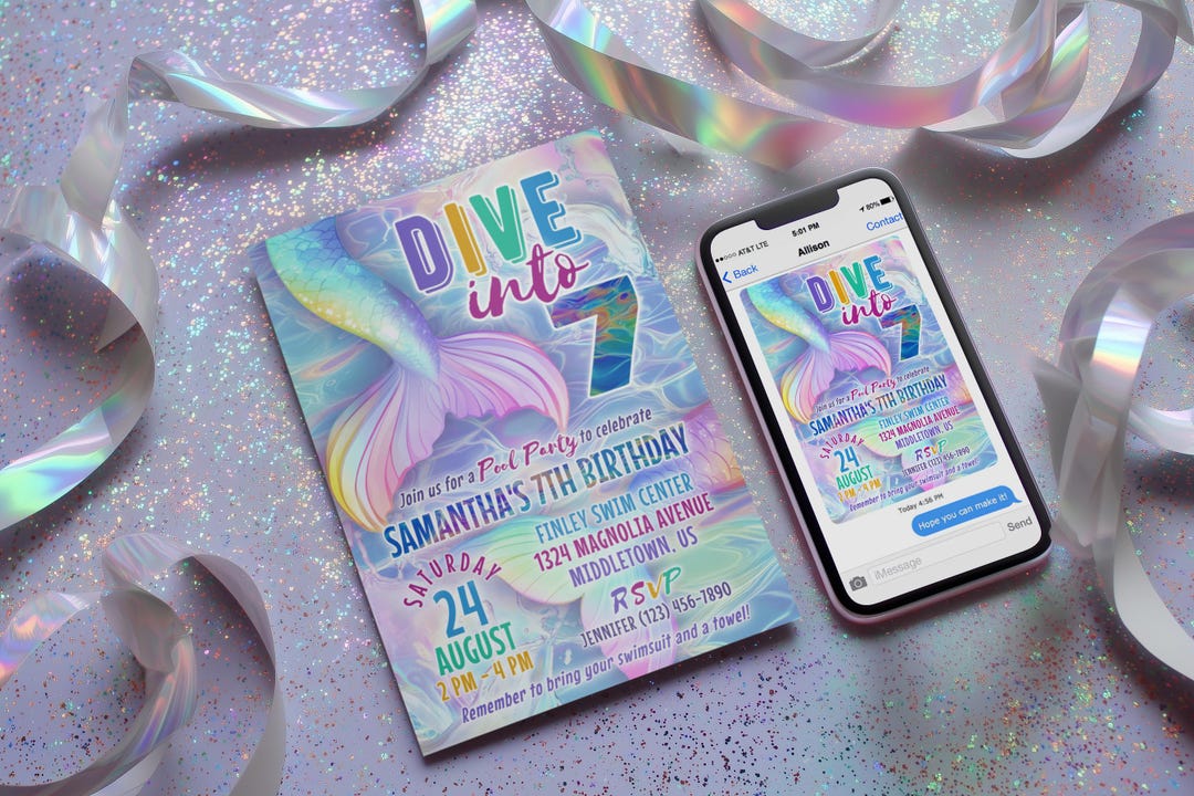 7th Birthday Mermaid Pool Party Invitation: Dive Into 7 Swim, 5x7 4x6 ...
