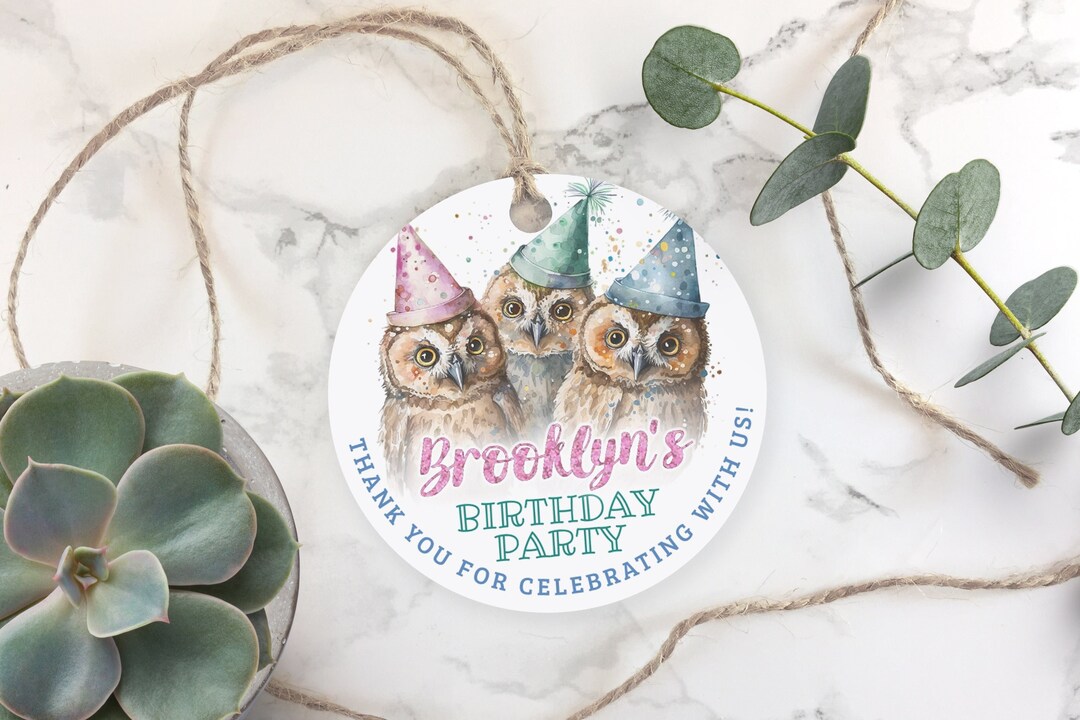 Birthday Owls Round Tag Template - Owl Name Editable Favor Tags or ...