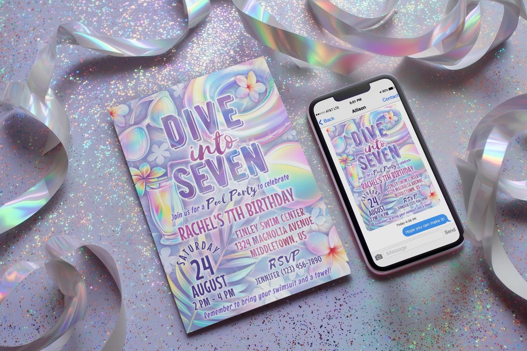 7th Birthday Pool Party Invitation: Dive Into Seven Swim, 5x7 4x6 ...
