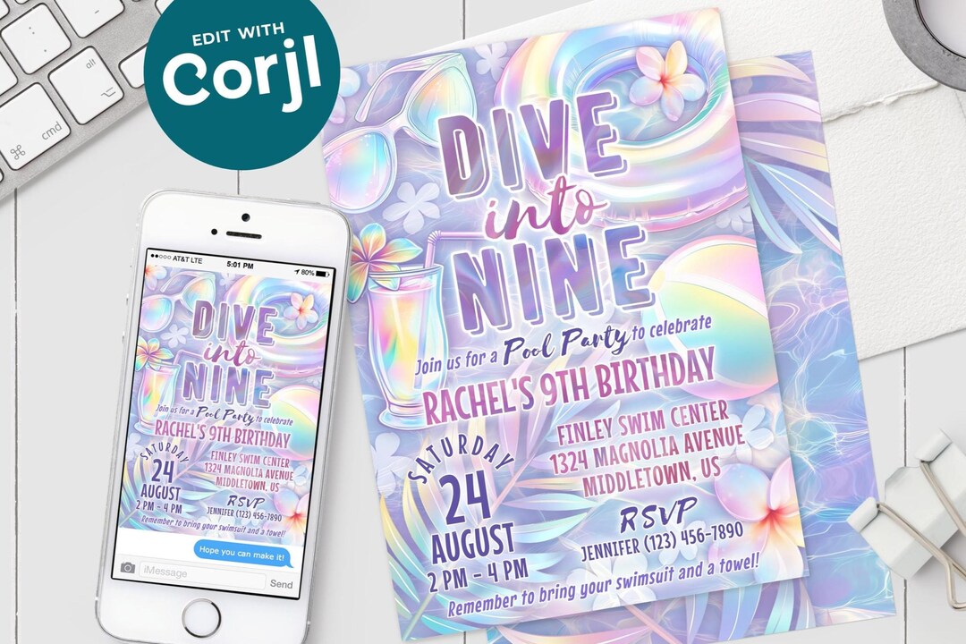 9th Birthday Pool Party Invitation - Dive Into Nine Pink Purple Girl ...