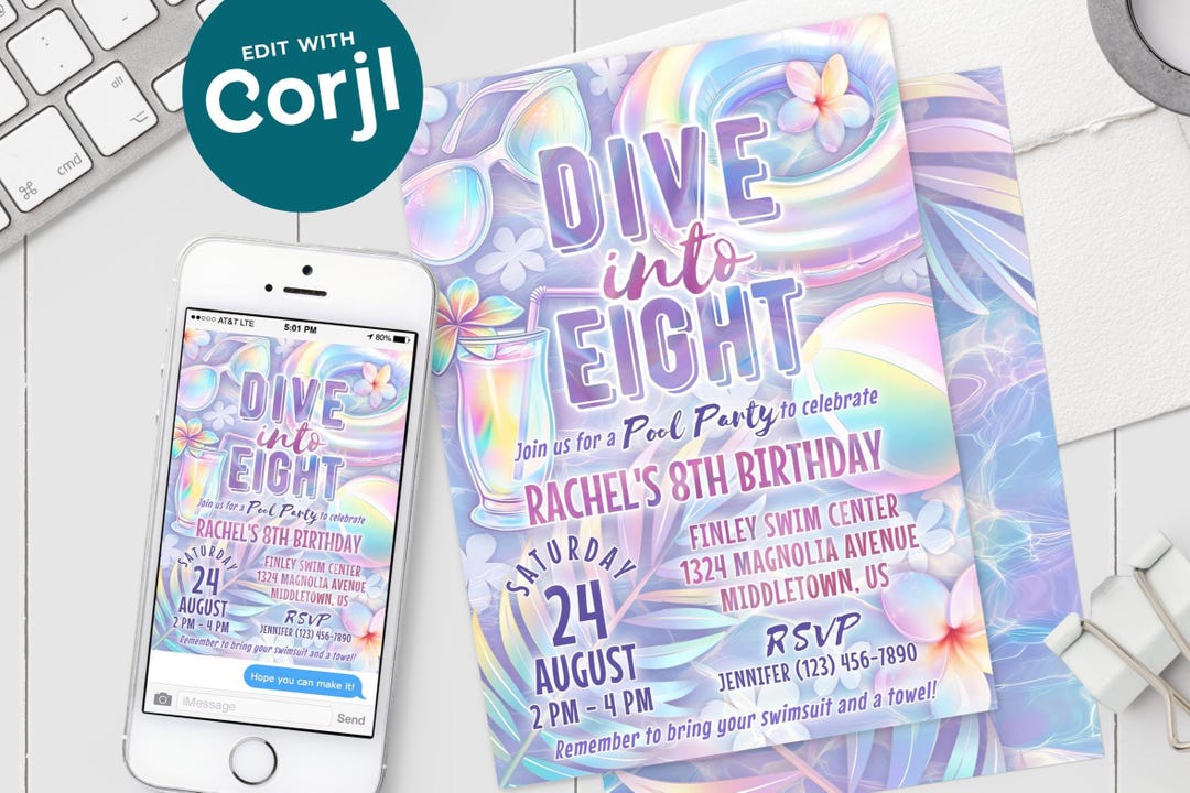 8th Birthday Pool Party Invitation - Dive Into Eight Pink Purple Girl ...