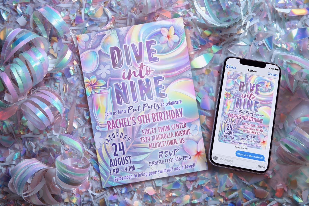 9th Birthday Pool Party Invitation: Dive Into Nine Swim, 5x7 4x6 ...