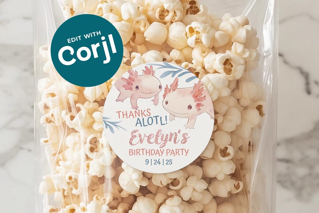 Axolotl Birthday Round Label Template Thank You Favor, Compatible W ...