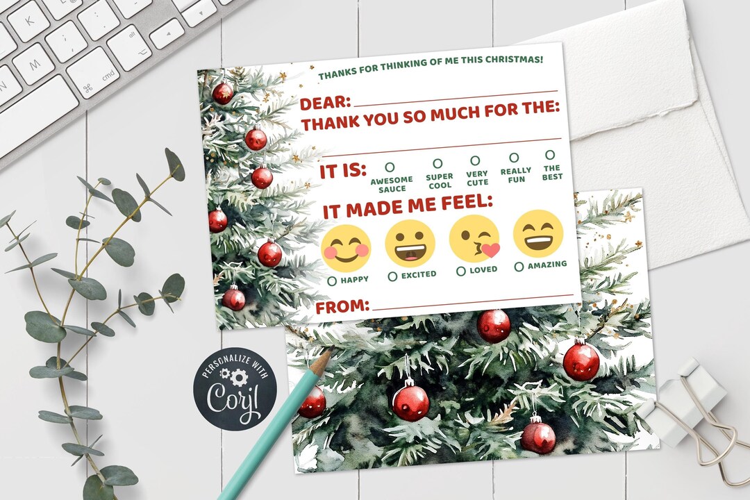 Kids Christmas Thank You Note - Holiday Tree Fill in the Blank Checkbox ...