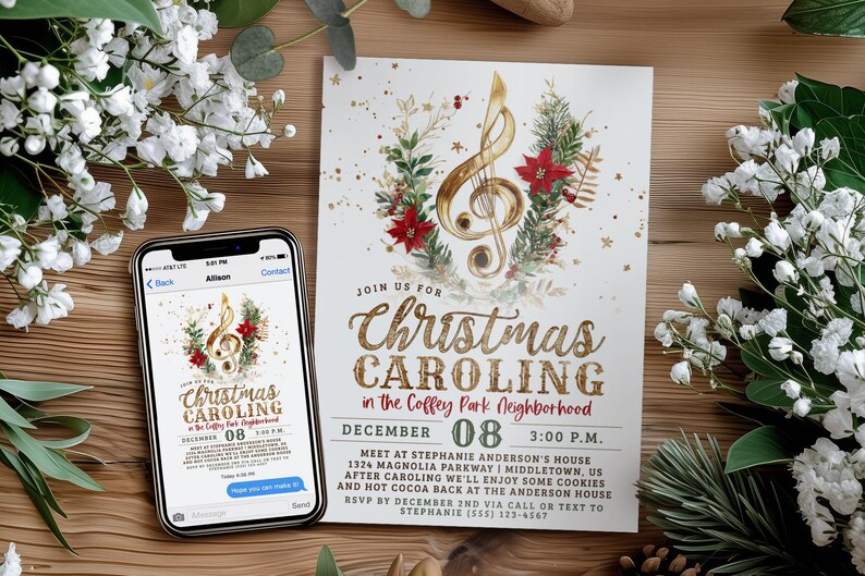 Christmas Caroling Invitation: Holiday Choir Music Treble Clef, Digital ...