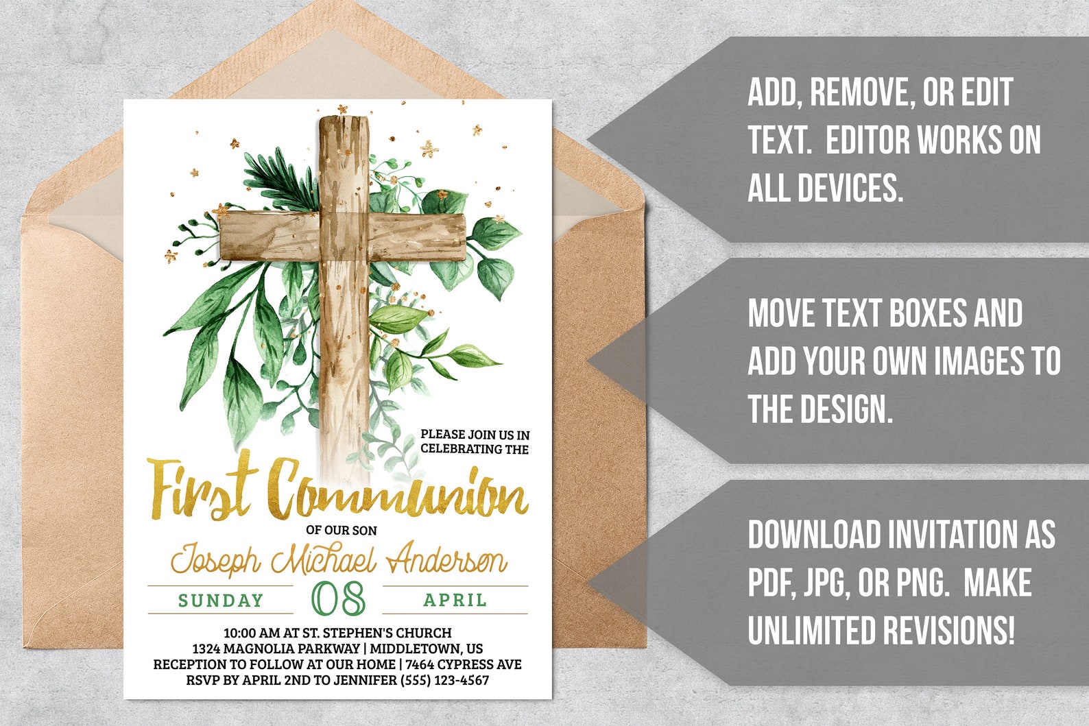 First Communion Invitation: Cross & Leaves, 5x7 4x6 Editable Template ...