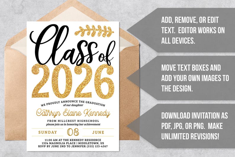 Gold Graduation Invitation: Class of 2026 Grad Party, 5x7 4x6 Editable ...