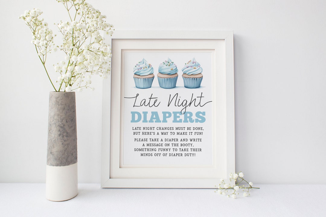 Late Night Diapers Sign - 8x10 Blue Cupcake Boy Baby Sprinkle Shower ...