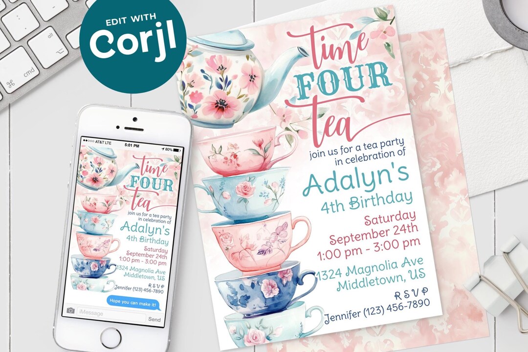 Time FOUR Tea 4th Birthday Invitation: Floral Tea Party, 5x7 4x6 ...