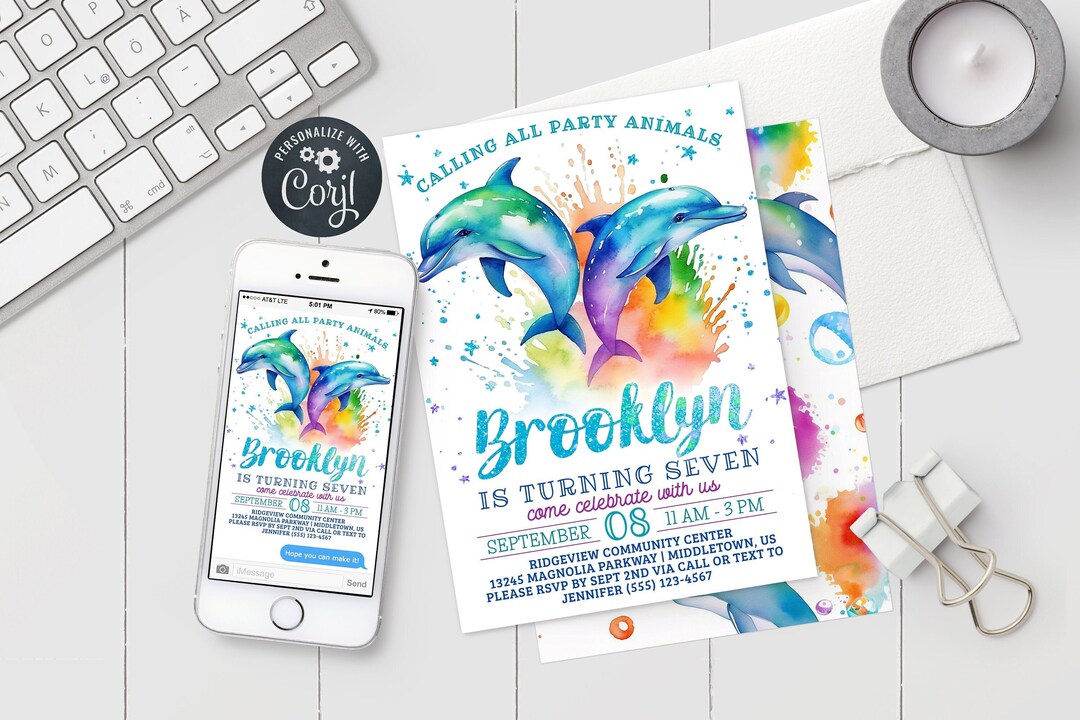 Rainbow Dolphins Birthday Invitation, Digital Invite 5x7 4x6 Printable ...