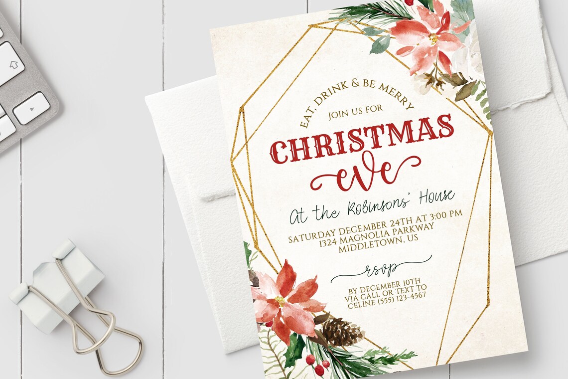 Christmas Eve Invitation Poinsettia Boho Christmas Eve Party | Etsy