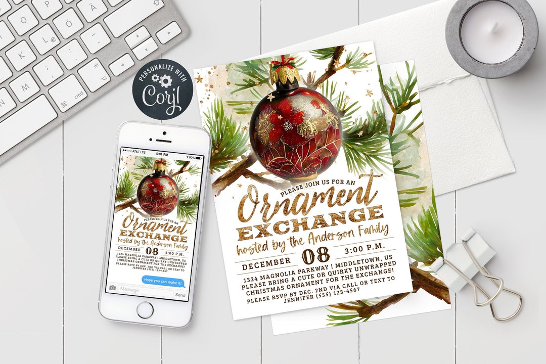 Ornament Exchange Invitation, Christmas Holiday Party, Digital 5x7 4x6 ...