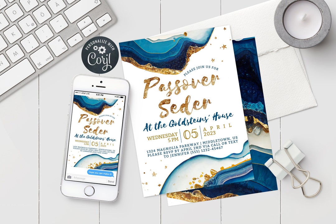 Passover Seder Invitation Blue Gold Agate Passover Digital Invite 5x7 ...
