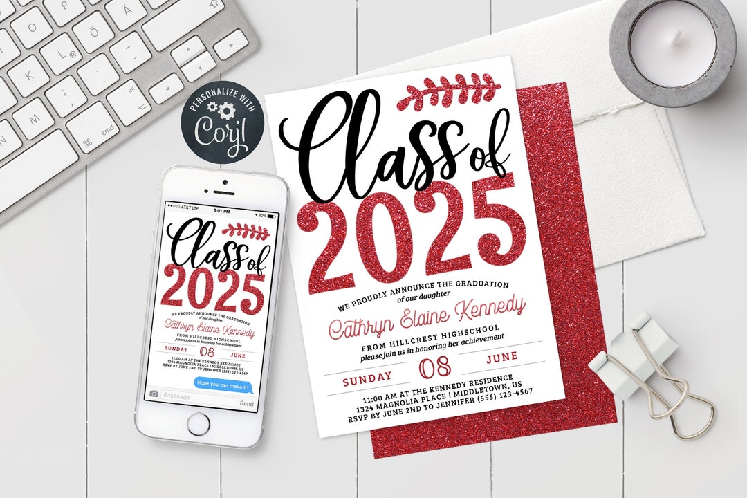 Red Graduation Invitation: Class of 2025 Grad Party, 5x7 4x6 Editable ...