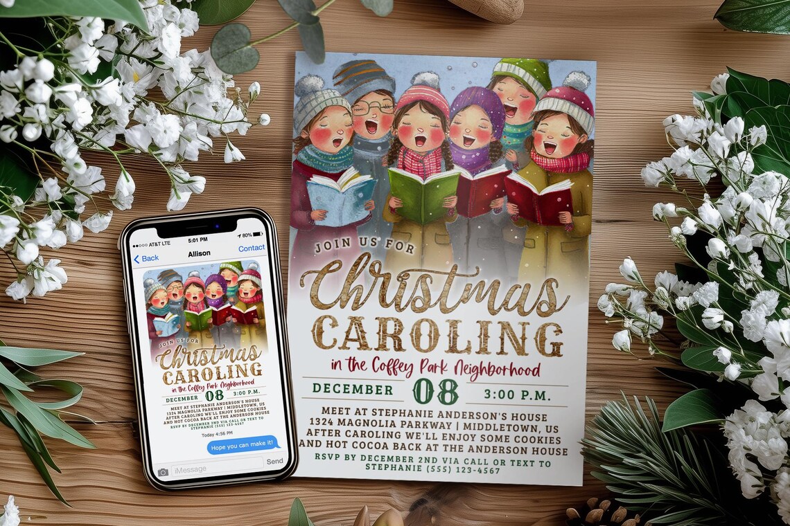 Christmas Caroling Invitation: Holiday Singalong 5x7 4x6 Editable ...