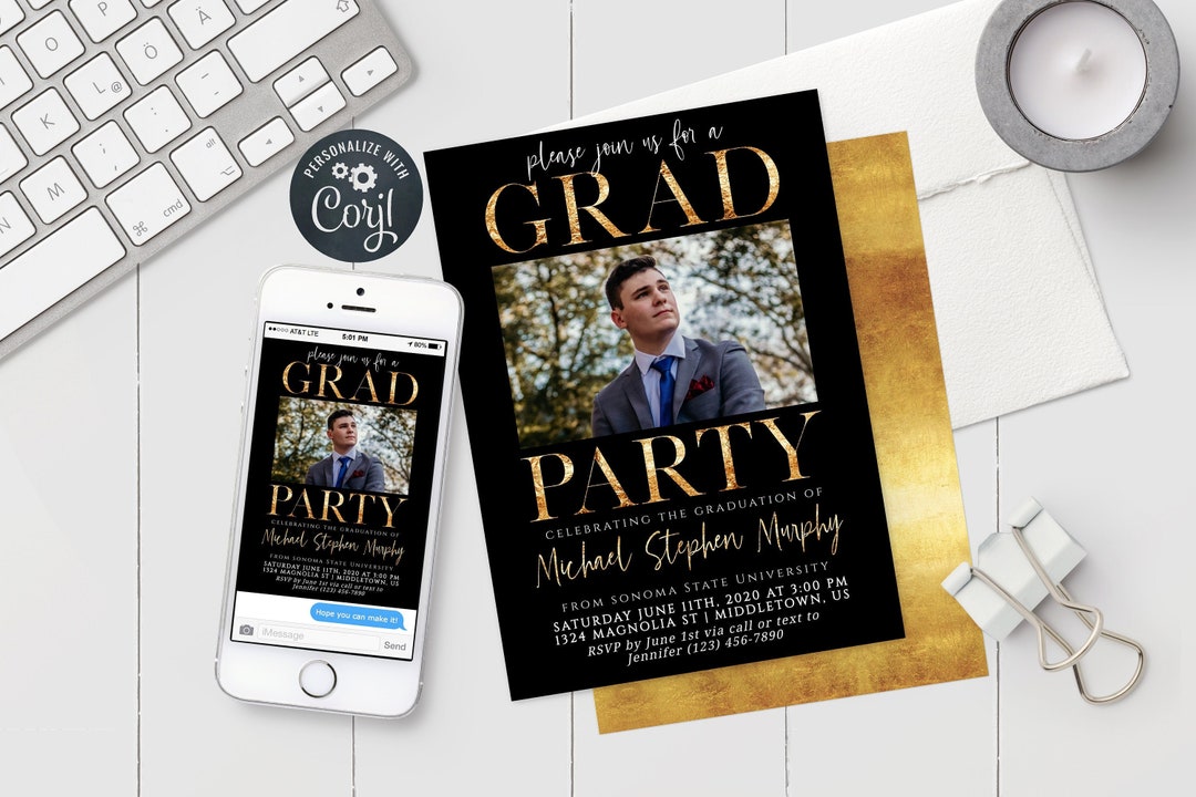 Grad Party Invitation: Black Gold Photo Graduation, 5x7 4x6 Editable ...