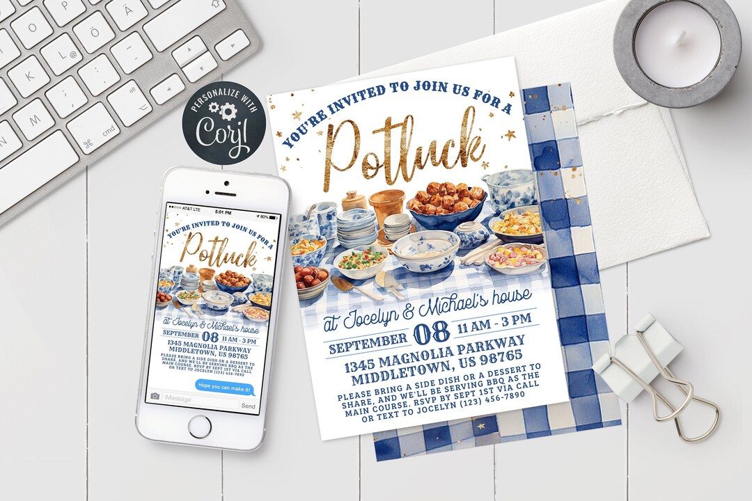 Potluck Invitation Blue Pot Luck Picnic Mobile Digital Invitation 5x7 ...