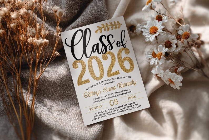 Gold Graduation Invitation: Class of 2026 Grad Party, 5x7 4x6 Editable ...
