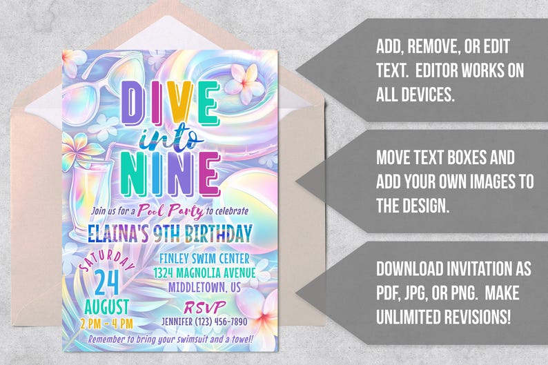 9th Birthday Pool Party Invitation: Dive Into Nine Swim, 5x7 4x6 ...