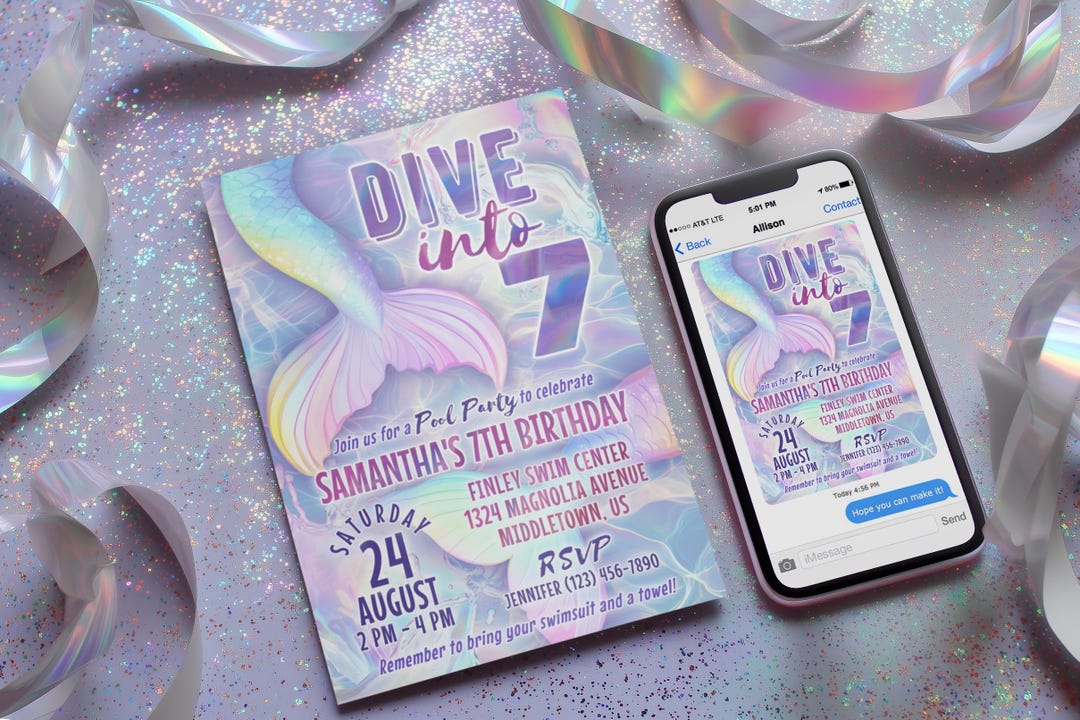 7th Birthday Mermaid Pool Party Invitation: Dive Into 7 Swim, 5x7 4x6 ...