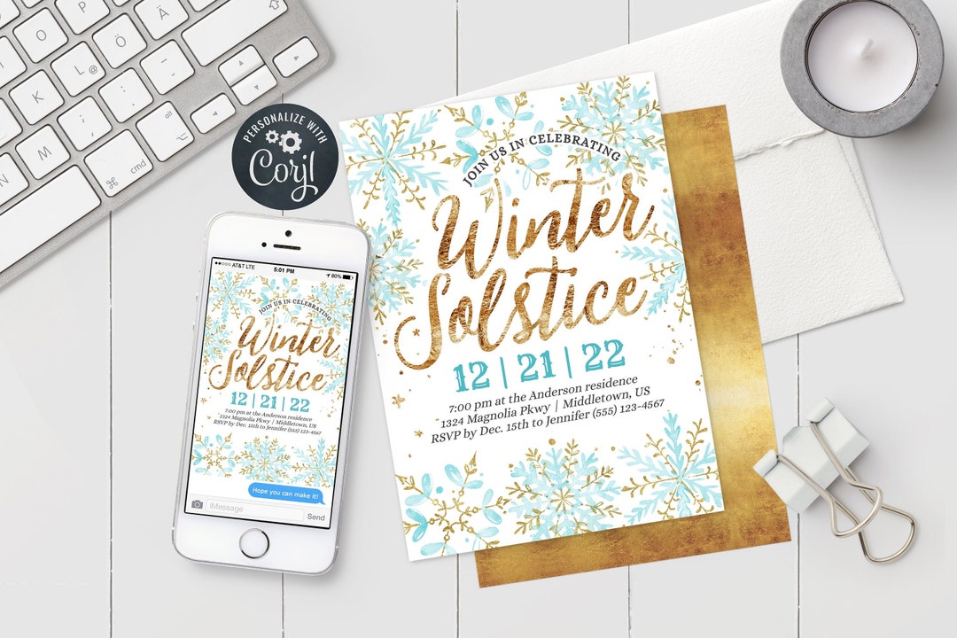 Winter Solstice Invitation: Blue Gold Snowflake 5x7 4x6 Editable ...