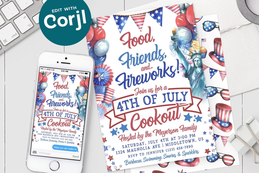 4th of July Cookout Invitation - Food Friends Fireworks Patriotic 5x7 ...