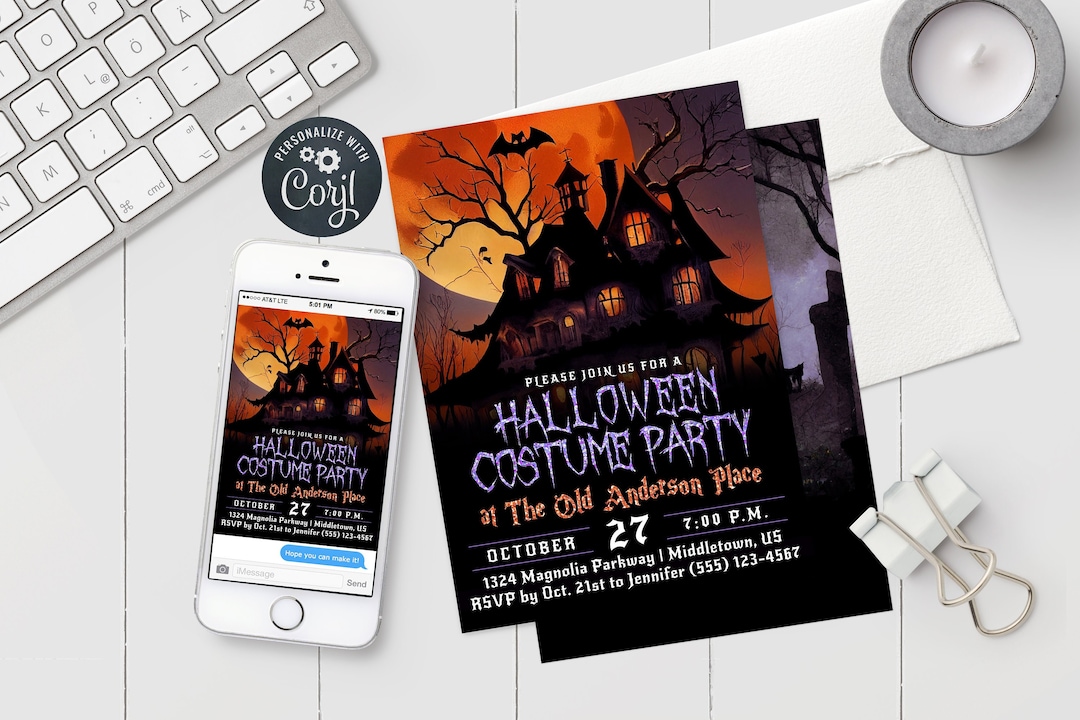 Halloween Invitation Haunted House Halloween Costume Party Invite 5x7 ...