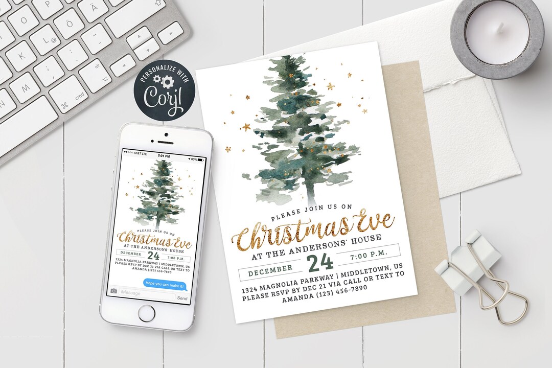 Christmas Eve Invitation Tree Boho Gold Watercolor Trendy Holiday ...