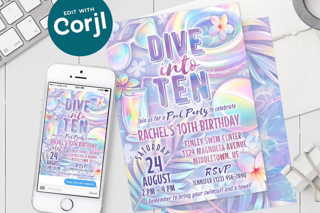 10th Birthday Pool Party Invitation: Dive Into Ten Swim, 5x7 4x6 ...
