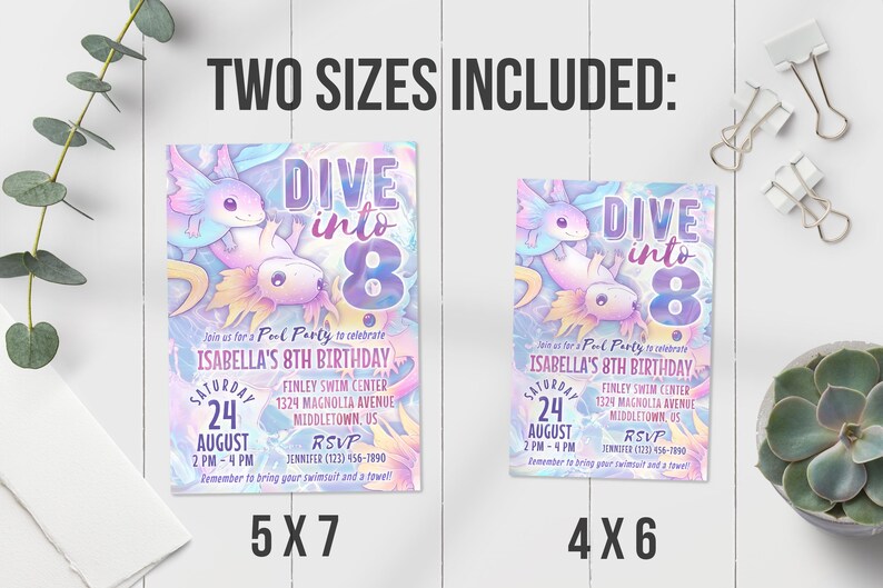 8th Birthday Axolotl Pool Party Invitation: Dive Into 8 Swim, 5x7 4x6 ...